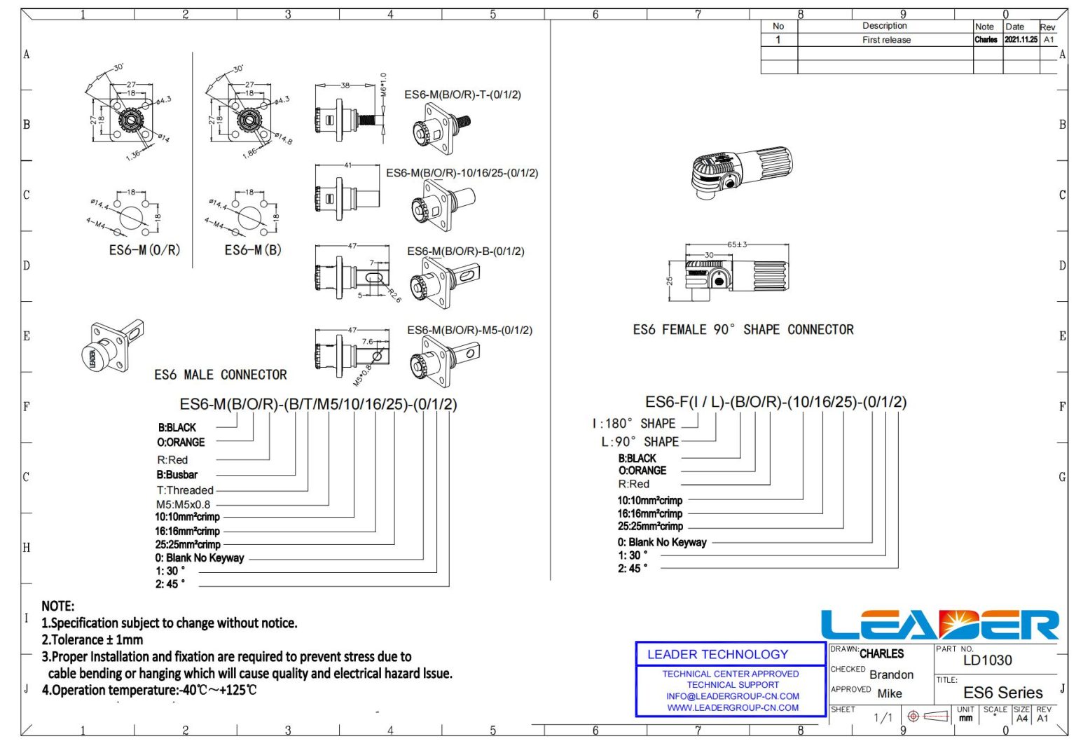 Energy Storage Connector 1500V 130A ES6 - LEADER CABLE